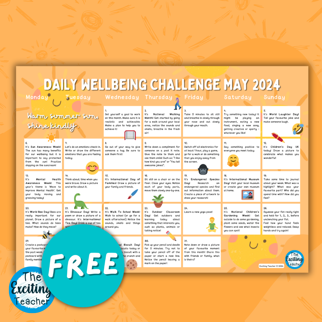 FREE: Daily Wellbeing Challenge – May 2024 Calendar – Exciting Teacher ...